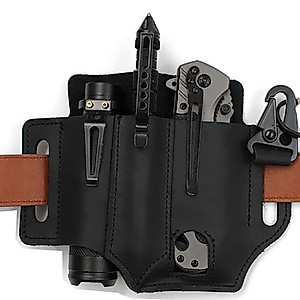 Leather Multitool Sheath for Belt, EDC Belt Organizer for Men, Multi Tool Holster with Tactical Pen Holster, Flashlight Holster, Key Holder
