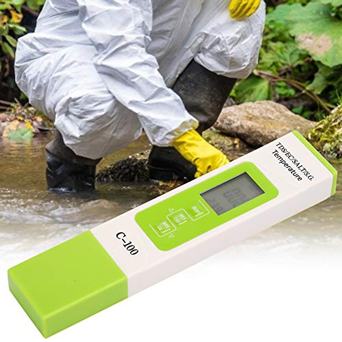 Pissente Water Tester, C 100 5 in 1 Salinity Tester, Multi Usage Temperature EC Seawater Tester, Plastic Digital Water Quality Tester with Backlight for Aquariums Water, 6.3 x 1.3 x 0.6 in