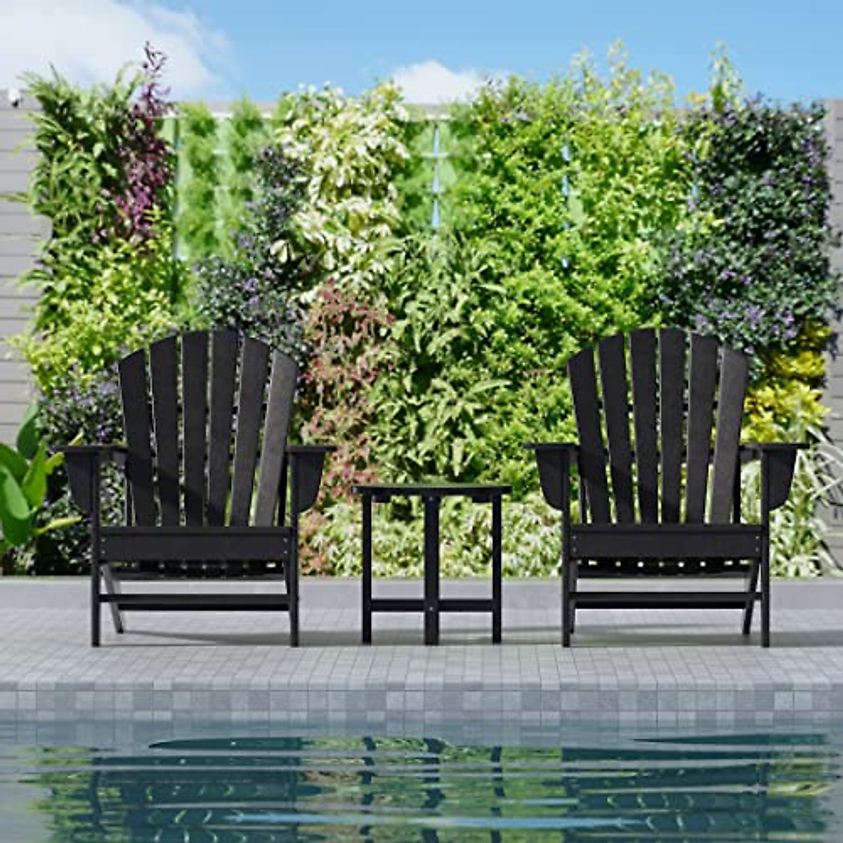 WO Home Furniture Set of 2pcs Outdoor Adirondack Chairs with Side Table, Poly Lumber Seat Traditional Retro Lounger for Beach, Balcony, Patio, Backyard, Lawn, Garden, Black