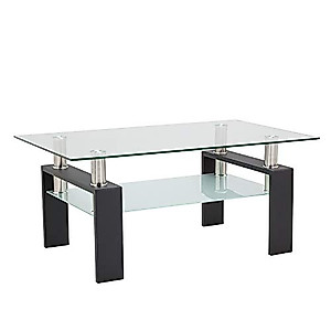 Depointer Life Glass Coffee Table, Rectangle Modern Side Coffee Table with Lower Shelf, Perfect for Living Room Conversation Leisure Occasions, Metal Leg, Black