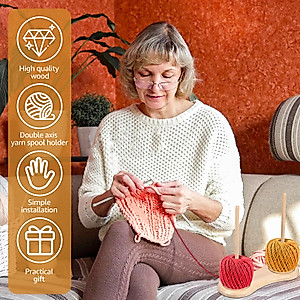 Double Wooden Yarn Holder for Crocheting, Rotatable Wooden Yarn Ball Holder Dispenser for Knitting, Revolving Yarn Ball Stand, Yarn Spindle Dispenser with Crochet Accessories for Knitting Embroidery