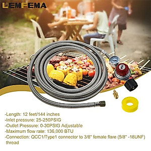 12Ft 0-30PSI High Pressure Adjustable Propane Regulator with Gauge, Stainless Steel Braided Hose Fit for Grill, Burner, Cooker, Turkey Fryer, Propane Heater, Fire Pit, QCC1 x 3/8" Female Flare Fitting