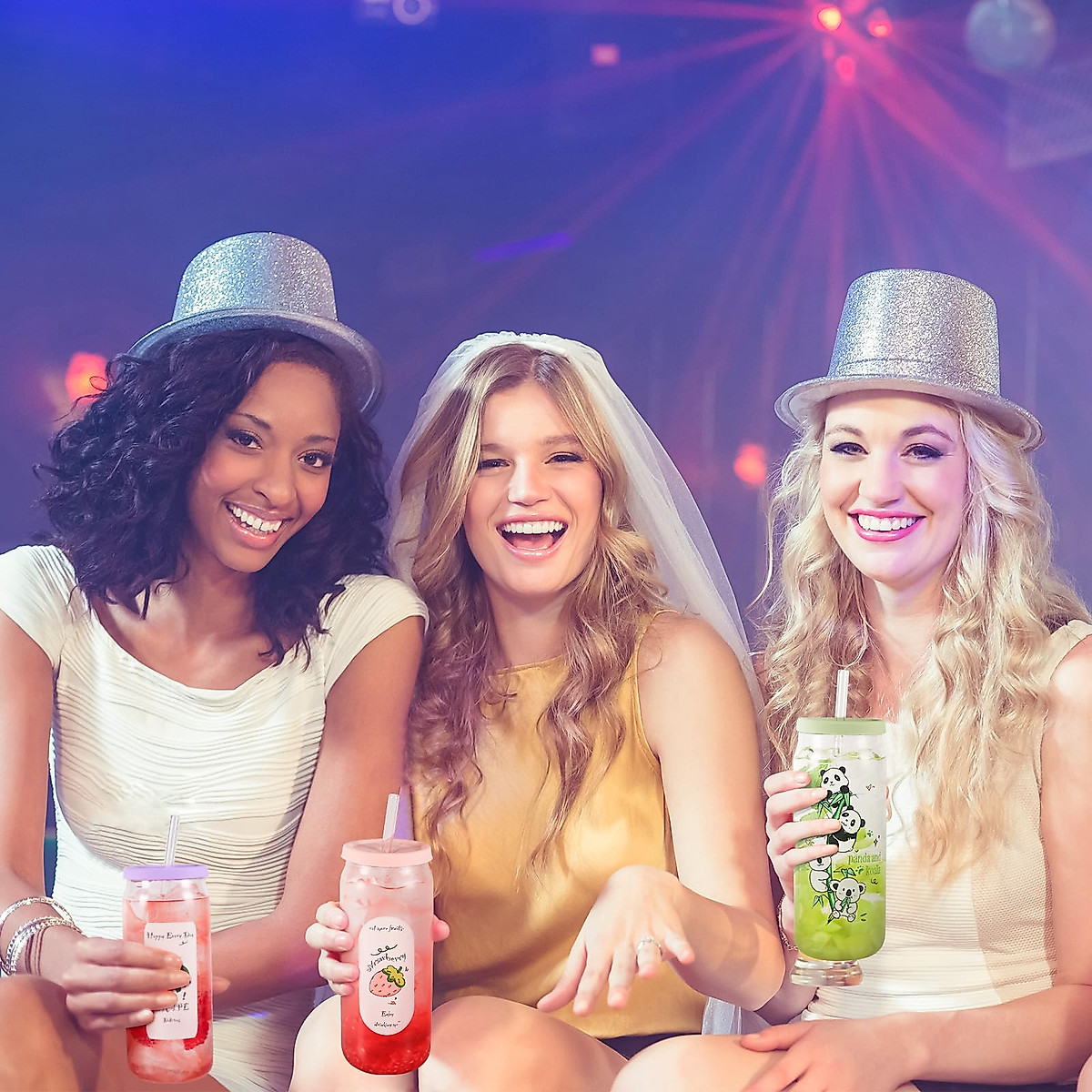 BEWAVE Drinking Glass with Straws, Silicone Lids and Straw Cover Cap, 16oz Can Shaped Glasses Cups, Iced Coffee Glasses, Beer Tumbler, for Whiskey, Soda, Tea, Juice, Gift, Panda, 1 Pack