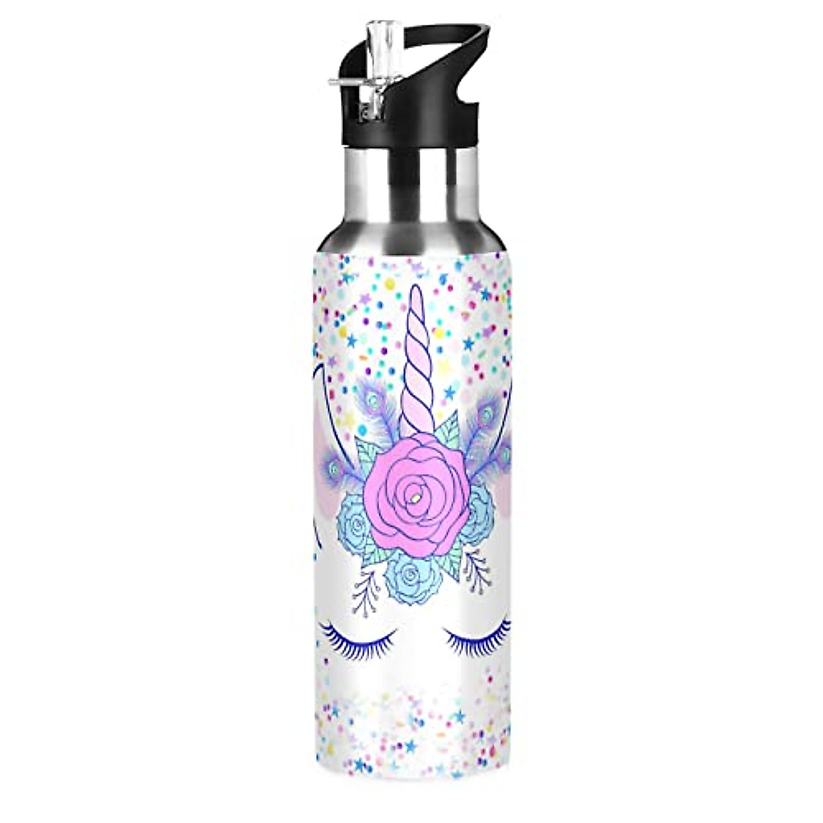 Star Flowers Unicorn Water Bottle with Straw Lid Double Wall Thermos Bottle Vacuum Insulated Flask Stainless Steel Water Bottle for Gym Outdoor 20 OZ