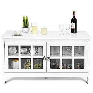 White 50" TV Stand Unit Entertainment Media Console Cabinet 2 Glass Doors 4 Storage Shelves 5 Support Legs Home Office Living Room Bedroom Family Room Furniture Interior Décor Sturdy Durable