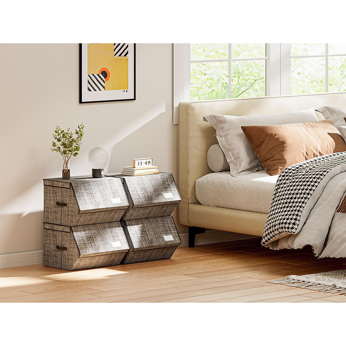 DOVAMY Stackable Storage Bins, Storage Drawers, 3 Drawer Storage Organizer, Storage Bin with Lid, Toy Box, Sock Storage, Fabric Shoes Storage Box, 15”L x 13.8”W x 9.8”H, Light Gray BTM0302