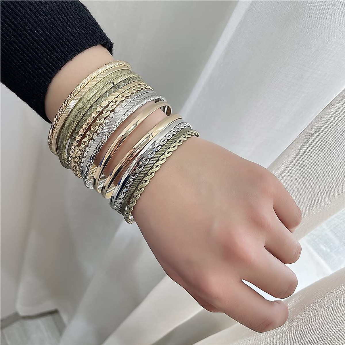 RINTOLER 16Pcs Gold Bangle Bracelets for Women - Multi Layer Stackable Textured Bracelets Boho Jewelrys Set.