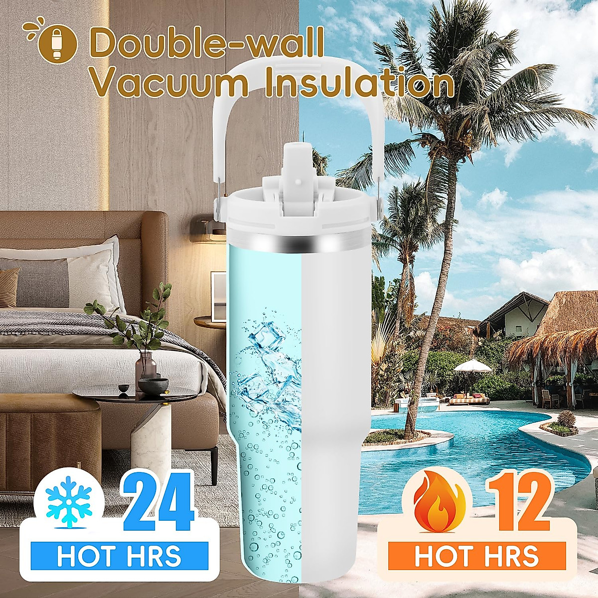 VUSIGN 30 oz Tumbler with Handle and Flip Straw, Stainless Steel Vacuum Insulated Water Bottle Travel Mug Thermal Cup for Home, Office, Car, Outdoors, Sports, Cream