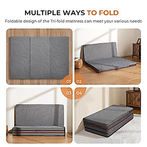 Sweetnight Trifold Mattress with Carry Bag - 4 Inch Portable Floor Mattress with Breathable & Washable Cover | Foldable Mattress Topper for Travel, Camping, Guest Grey Full