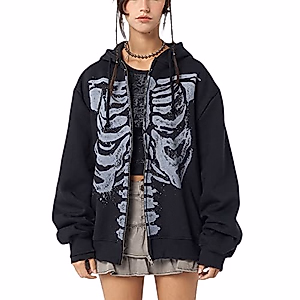 Yuemengxuan Womens Y2K Zipper Hoodie Long Sleeve Sweatshirt Harajuku Punk Grunge Tops Oversized Vintage Streetwear, Skeleton Black, Small