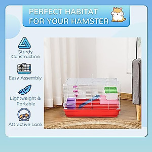 PawHut 18.5" Hamster Cage with Exercise Wheel and Water Bottle, Dish, Rat House and Habitat 2-Story Design, Red
