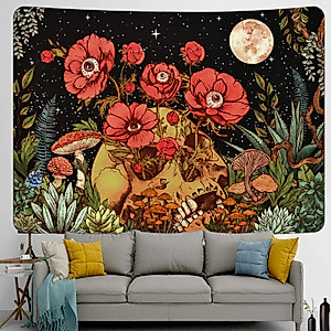 Uspring Skull Floral Tapestry Flowers Skeleton Tapestry Moon Garden Tapestry Mushroom Plants Tapestry Trippy Vintage Tapestry Wall Hanging for Room (59.1 × 82.7 inches)