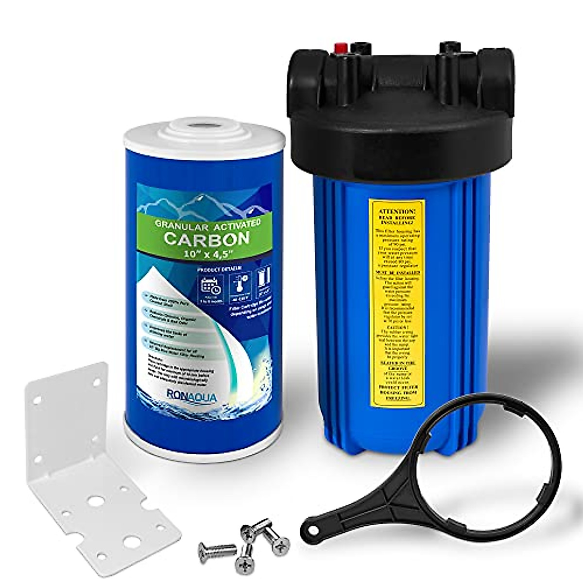 Whole House Water Filter Purifier System, Big Housing with Presser Relief Button, 1” Inlet/Outlet Brass Port & (GAC) Granular Activated Carbon Filter Cartridge (10 Inches)