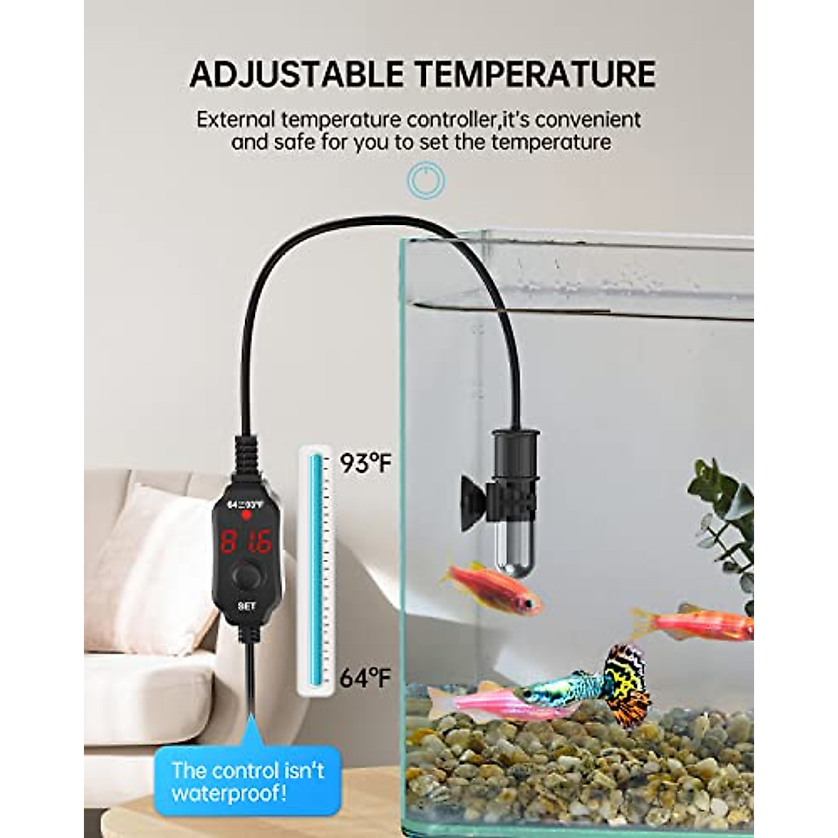 SILICAR Mini Aquarium Heater, 10W Fish Tank Heater with Built-in Thermometer, LED Display, External Temperature Controller, Submersible Turtle Tank Heater for 0.5-1 Gallon