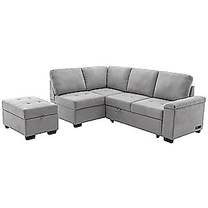 Merax, L-Shape Corner Couch Sofa-Bed with Storage Ottoman & Hidden Arm Storage & USB Charge for Living Room Apartment, Light Gray