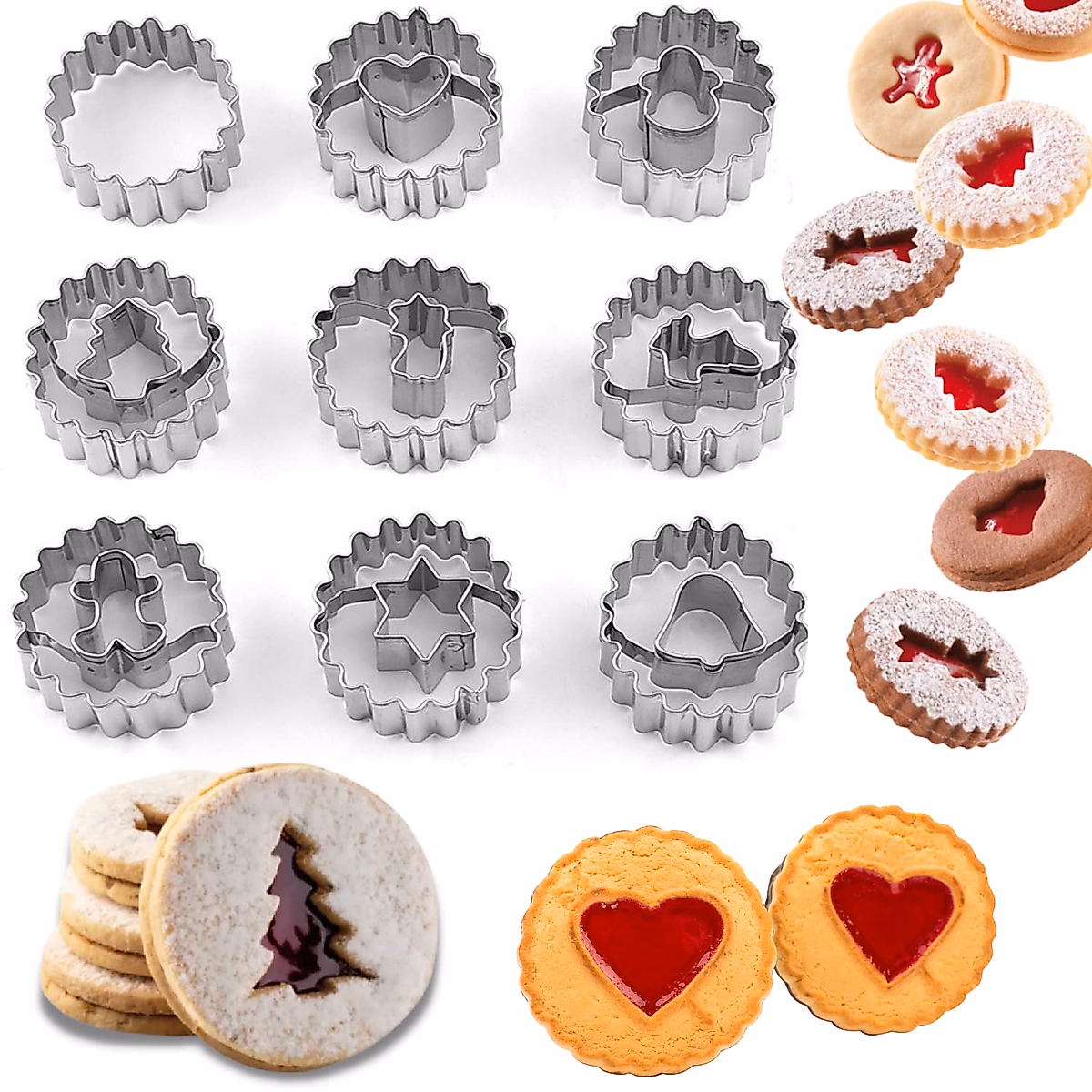 Crethinkaty 9 Pcs Mini Christmas Linzer Cookie Cutters Set, Christmas Stainless Steel Cookie Cutters, Christmas Tree, Gingerbread Man, Snowman, Elk - for Christmas Winter Holiday Baking