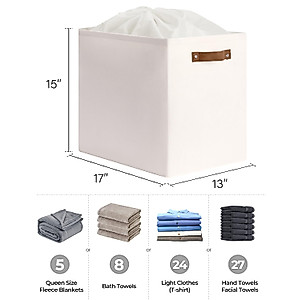 StorageWorks Fabric Storage Bin with Drawstring Closure, Foldable Storage Baskets for Organizing, Closet Storage Bins with PU Handles, Beige, Large, 3-Pack