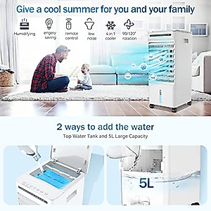 Evaporative Air Cooler,4-In-1 Portable Air Conditioners with 4 Modes 3 Speeds,5L Portable Air Conditioner with 7H Timer,Remote Control Quiet Swamp Cooler Air Conditioner Portable for Room,Home,Office