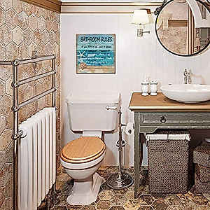 Seashells Bathroom Rules Wall Sign for Bathroom Decor, Funny Bathroom Wall Decor Wall Art For Beach House, Cute Beach Sign Plaque- 12 x 12 Inchs