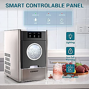 EUHOMY Nugget Ice Maker Countertop, Max 33lbs/24H, 2 Ways Water Refill, LED Light, Self-Cleaning Pebble Ice Maker with Basket and Scoop, for Home/Kitchen/Camping/RV. (Black Silver)