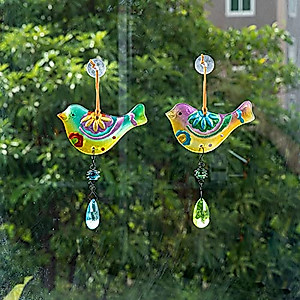 Fused Glass Bird Window Suncatcher,Indoor and Outdoor Hanging Decoration,with Crystal Pendant and Suction Cup,2 Pack Ornament for Home and Garden