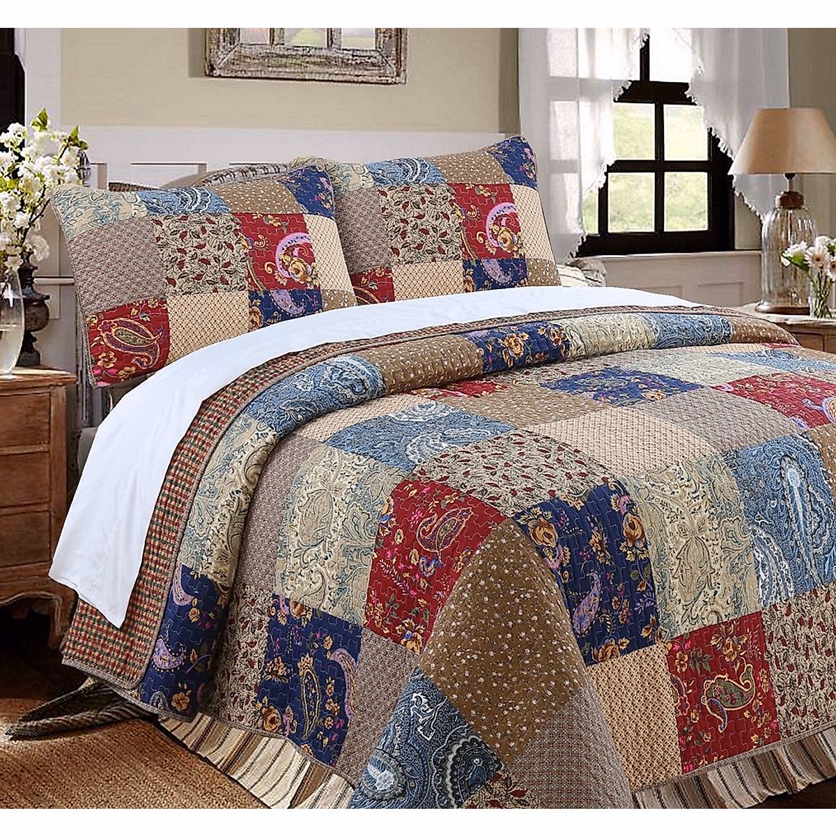 Cozy Line Home Fashions Sanders Red Navy Blue Brown Floral Print Real Patchwork, 100% Cotton Reversible Coverlet, Bedspread, Quilt Bedding Set (Red/Navy, King - 3 Piece)