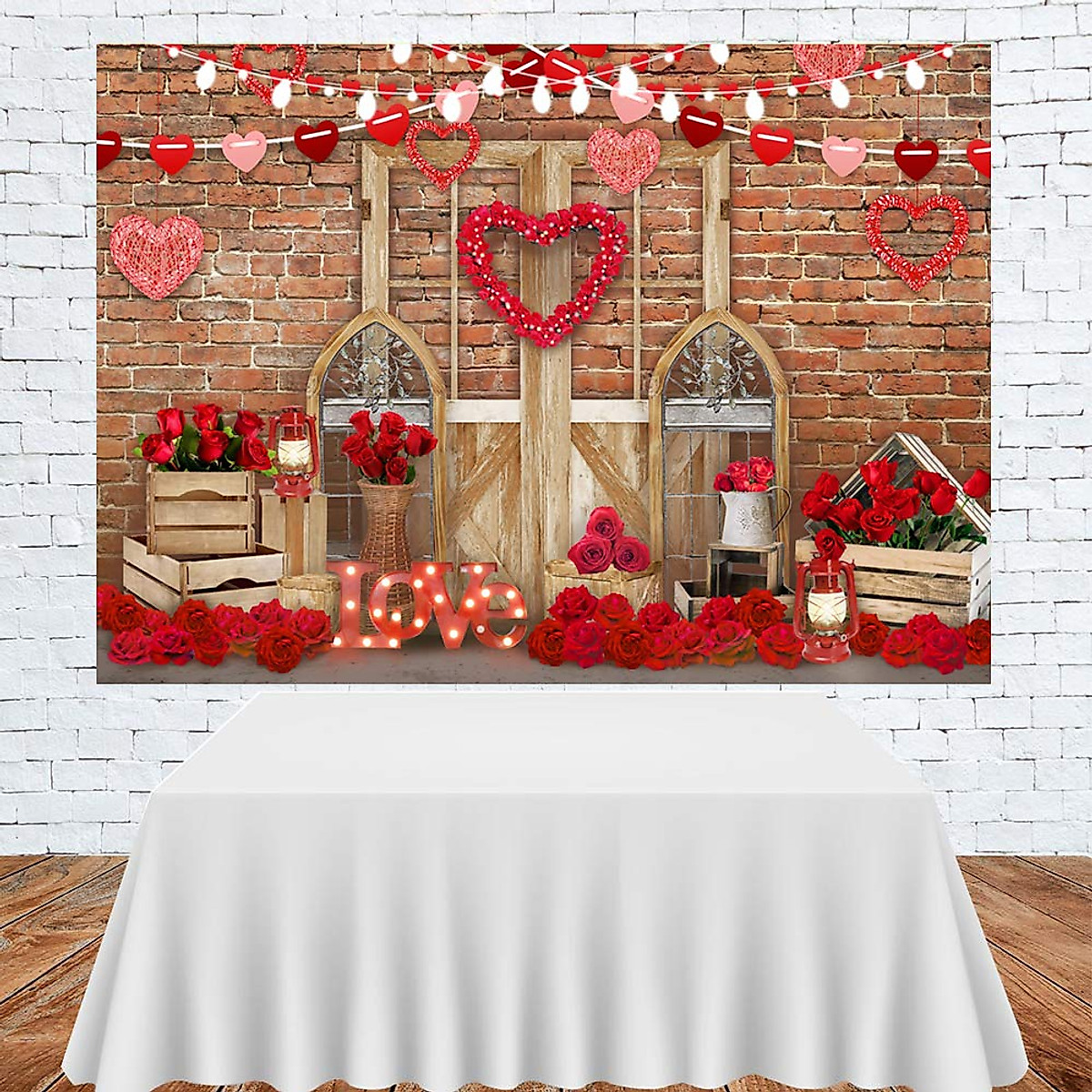 Lofaris Happy Valentine's Mother’s Day Photography Backdrops Brick Wall Wood Door and Red Rose Flower Love Heart Lights Background Birthday Baby Shower Party Decorations Portrait Photo Booth Props