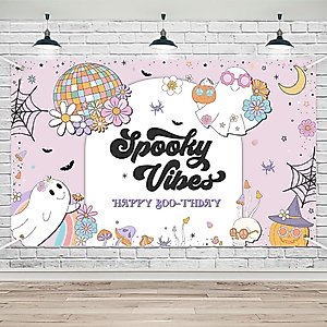 Lofaris Spooky Vibes Party Banner Bithtday Baby Shower Extra Large Fabric Groovy Halloween Decorations Hippie Groovy Halloween Celebration Photography Backdrop Family Holiday Party Decor 70.8x43.3