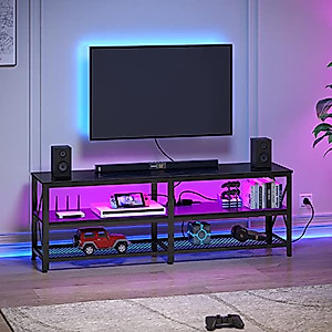 Rolanstar TV Stand with Led Lights & Power Outlets for 32/40/45/55/60/65/70 inch TVs, Entertainment Center with Open Storage, TV Table, 3-Tier Television Stands for Living Room, Black