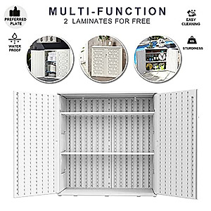 KINYING Resin Storage Cabinet with Doors and Shelves, 60 Gallon Indoor & Outdoor Deck Box Waterproof for Patio Furniture Cushions, Garden Tools, Pool Tools and Kids’ Toys (Off-White with 2 Shelves)
