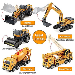 DOLIVE Construction Site Vehicles Toy with Mat, Crane Toy Tractor, Tower Crane Truck, Dump Trucks, Excavator, Cement Mixer Trucks, Kids Engineering Playset for 3+ Year Olds Boys Girls