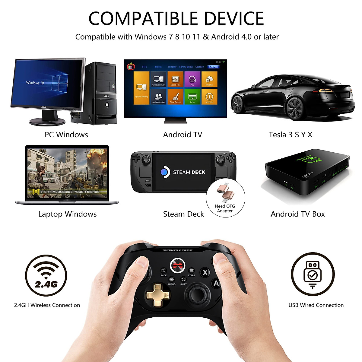 BEITONG Asura 2 Pro PC Game Controller Wireless Gamepad Joystick Hall Effect Trigger For Windows 7 8 10 11,Android TV,Steam,Tesla,Simulator,with Programmable M Buttons (Black Gold)