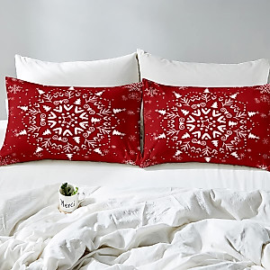 Red Abstract Snowflake Duvet Cover King Size,Merry Christmas Style Bedding Set 3pcs for Child Girls Boys Room Decor,New Year Gift Comforter Cover Retro Exotic Pattern Quilt Cover,2 Pillowcases