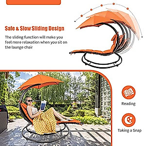 Tangkula Hanging Chaise Lounge Chair, Rocking Hammock Swing Chair with Cushion, Built-in Pillow, Removable Canopy, Outdoor Hanging Curved Chaise Lounger for Poolside, Backyard, Garden (Orange)