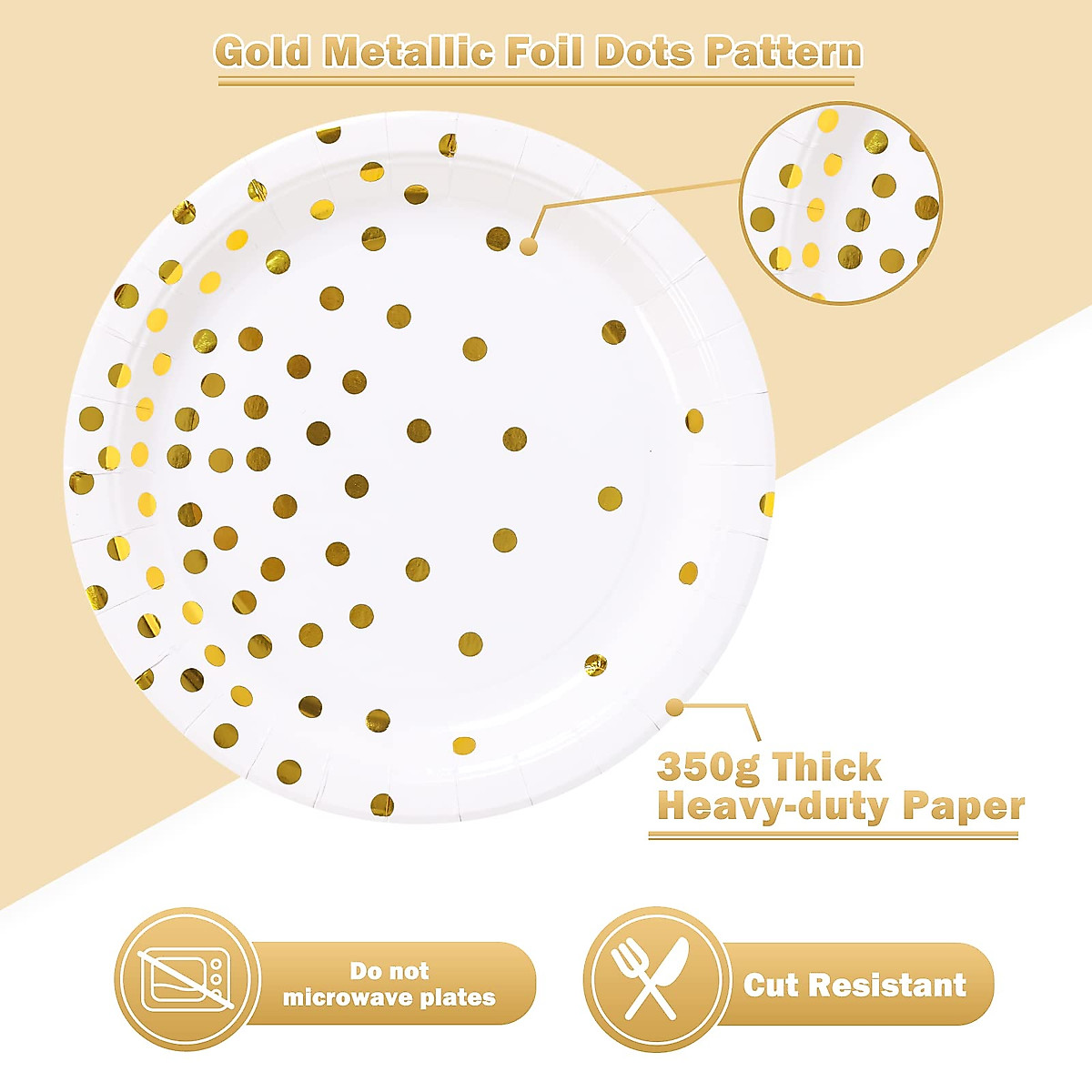 CENLBJ Disposable Paper Plates 100 Pack - White and Gold Paper Plates 50 x 9 & Gold Dot Napkins 50 x 6.5,Party Supplies for Weddings, Birthdays, Bridal Parties, All Occasions