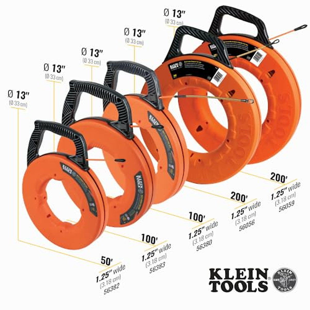 Klein Tools 56056 Electrical Fiberglass Fish Tape, Made in USA, 200-Foot x 3/16-Inch Wide Multi-Groove Fish Tape with Steel Leader