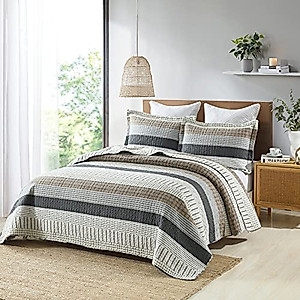 PANGUSHAN 100% Cotton Quilt Set Queen Size, Patchwork Queen Quilt Bedding Set Bedspreads, Farmhouse Lightweight Comforter Reversible Quilt, White/Brown/Grey Bed Spread for All Season, 3 Pieces