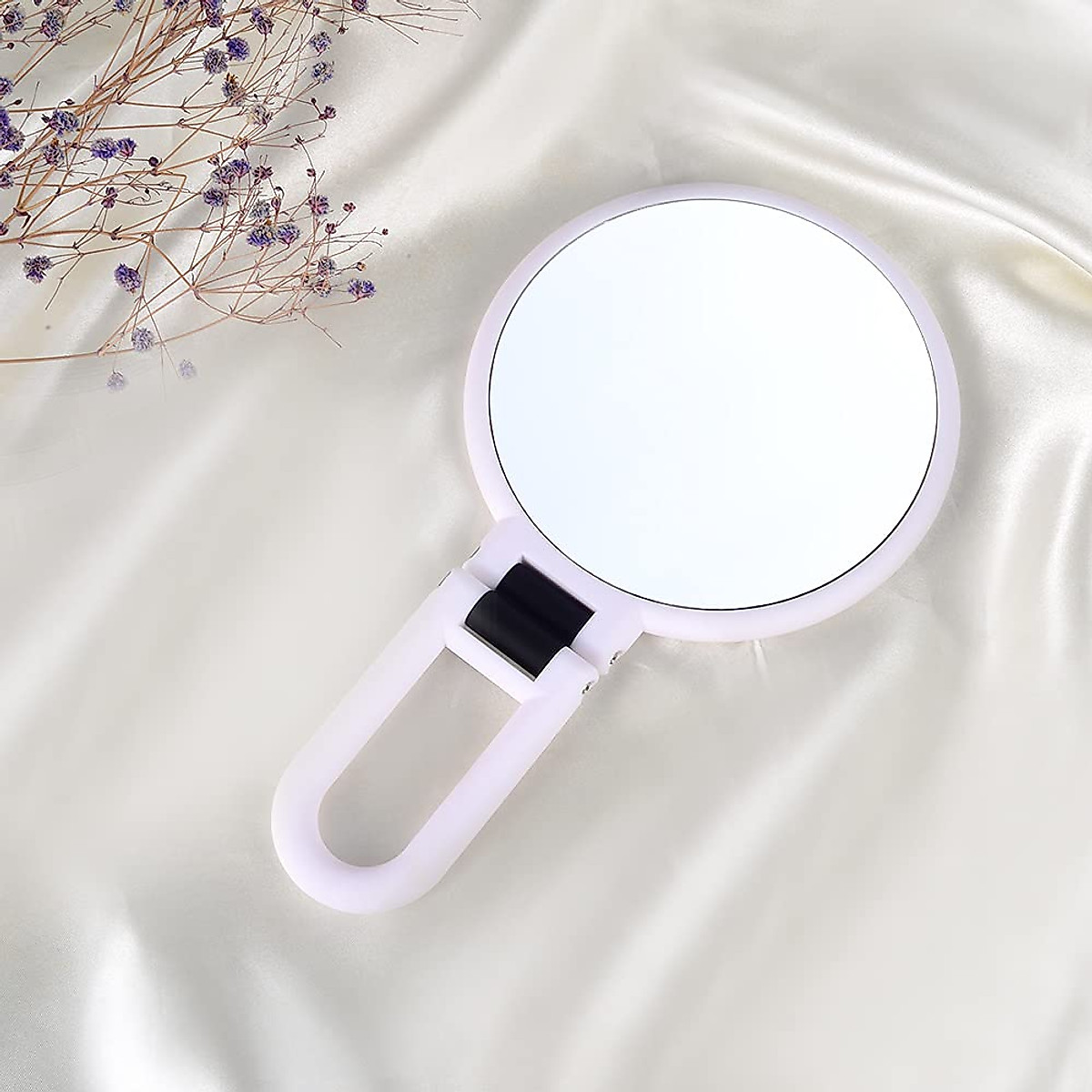 LOTIKO 1x 10x Magnifying Handheld Mirror,Travel Folding Hand Held Mirror,Double Sided Pedestal Magnification and True Image Makeup Mirror, Portable Vanity Cosmetic Mirror for Women （White）