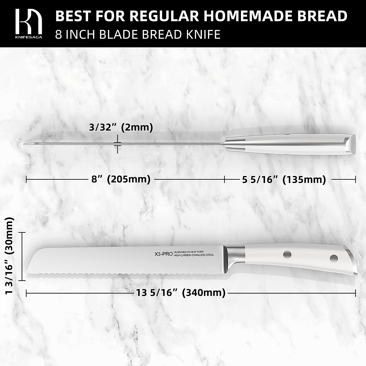 KnifeSaga Bread Knife for Homemade Bread 8 Inch, Japanese Serrated Sourdough Bread Slicing Knife Innovative High Carbon Stainless Steel, Razor Sharp Kitchen Bread Cutting Knife Ergonomic Handle, White