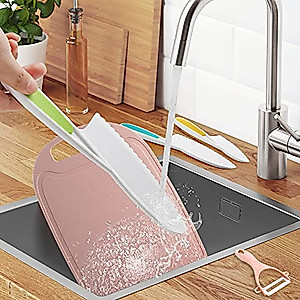 Kids Knifes Set,Nylon Knives Safe Baking Cutting Cooking Children's Beginners Cut Fruits Salad Veggies CakeFun Firm Grip Serrated Edges Friendly Childrens Knife With Cutting Board Peeler 5Pack (pink)