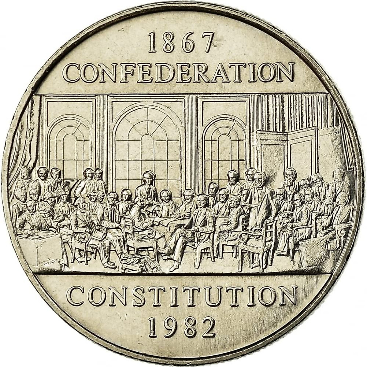 1982 Royal Canadain Mint 1 Dollar Commemorative Coin. Celebrating 1867 Creation Of Canada,"Confederation And Constitution". 1 Dollar Graded By Seller. Circulated Condition.