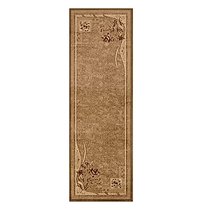 Superior Indoor Area Rug or Runner, Jute Backing, Traditional Farmhouse Floral Block, Ideal for Entryway, Living Room, Kitchen, Bedroom, Hallway, Floor Cover, Ruban Collection, 2' 7" x 8', Taupe