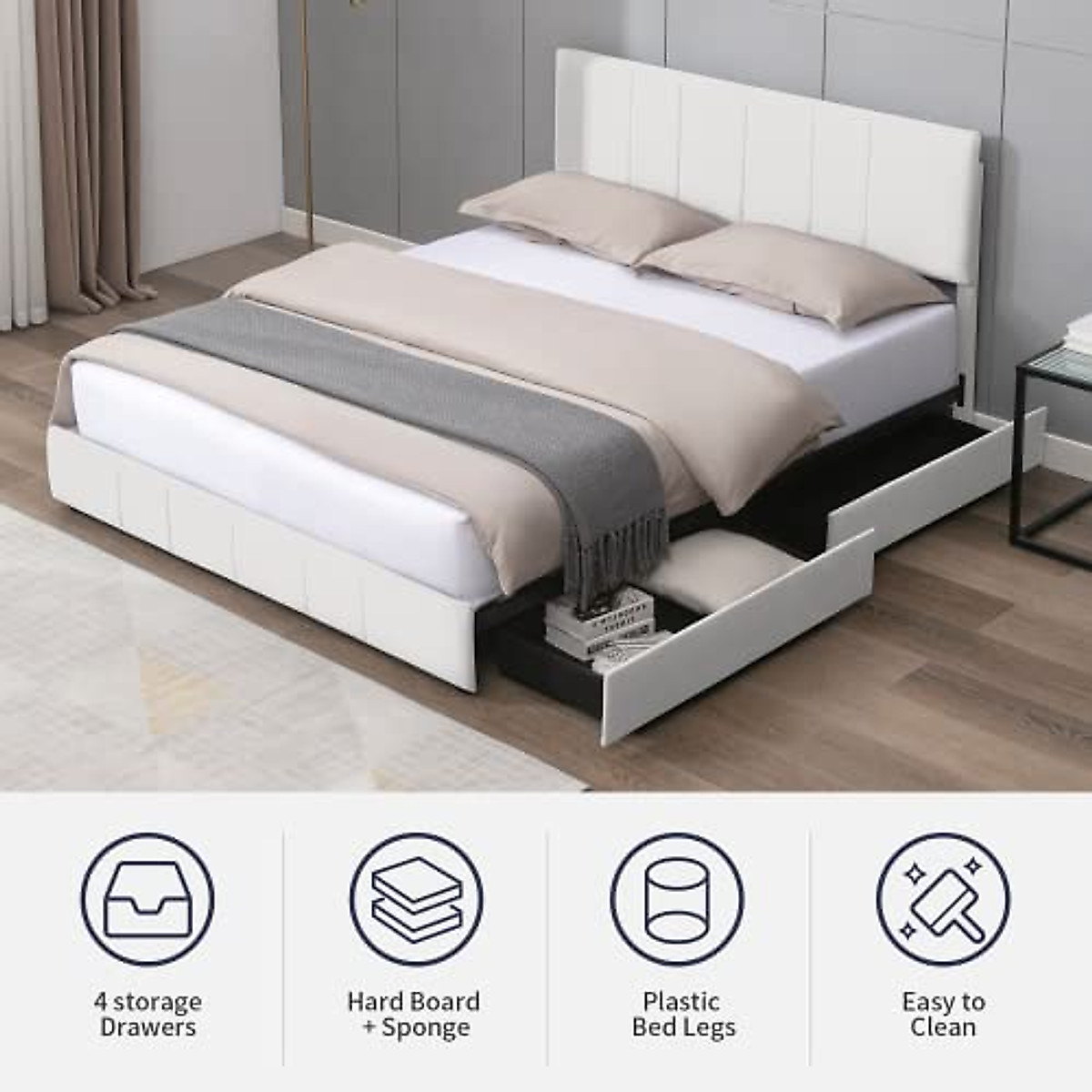 ZAFLY Platform California King Size Bed Frame with Adjustable Headboard,Upholstered Cal King Bed Frame with 4 Storage Drawers,Wooden Slats Support,No Box Spring Needed,Easy Assembly (Beige), 21052-CK