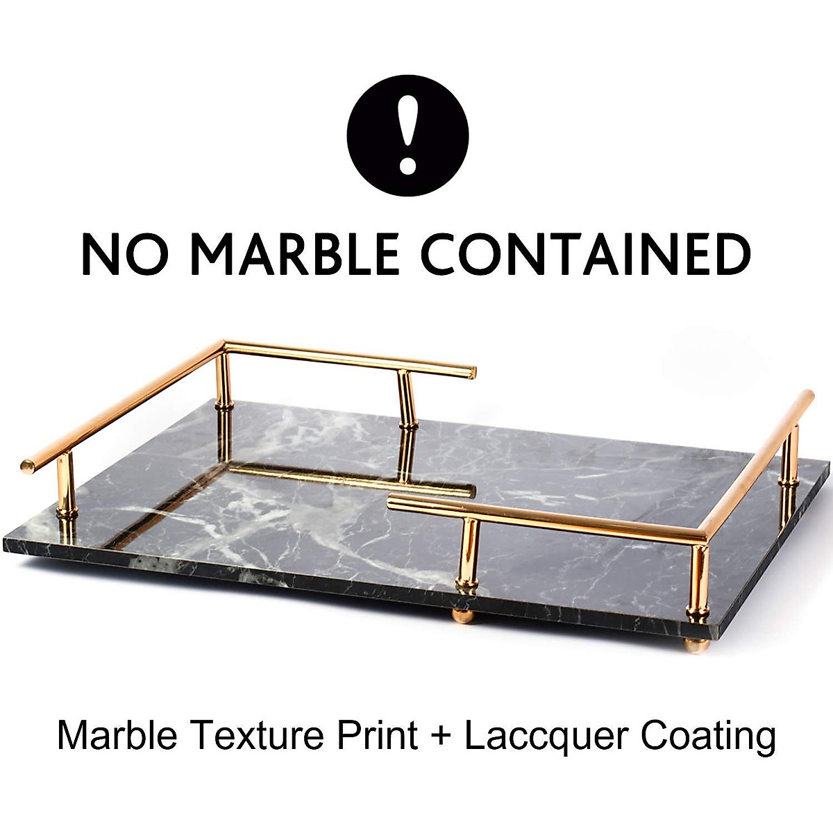 PuTwo Decorative, MDF Marble Print, Handmade Vanity, Perfume Jewelry Metal Handle, Trinket, Catchall Tray, for Dresser Bathroom Table, Black