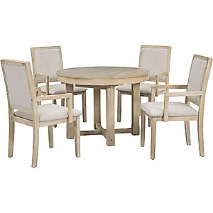 BIADNBZ 5-Piece Dining Table Set with Two-Size Extendable Butterfly Leaf Tabletop(Round to Oval) and Four Upholstered Chairs with Armrests, for Kitchen, Natural Wood Wash