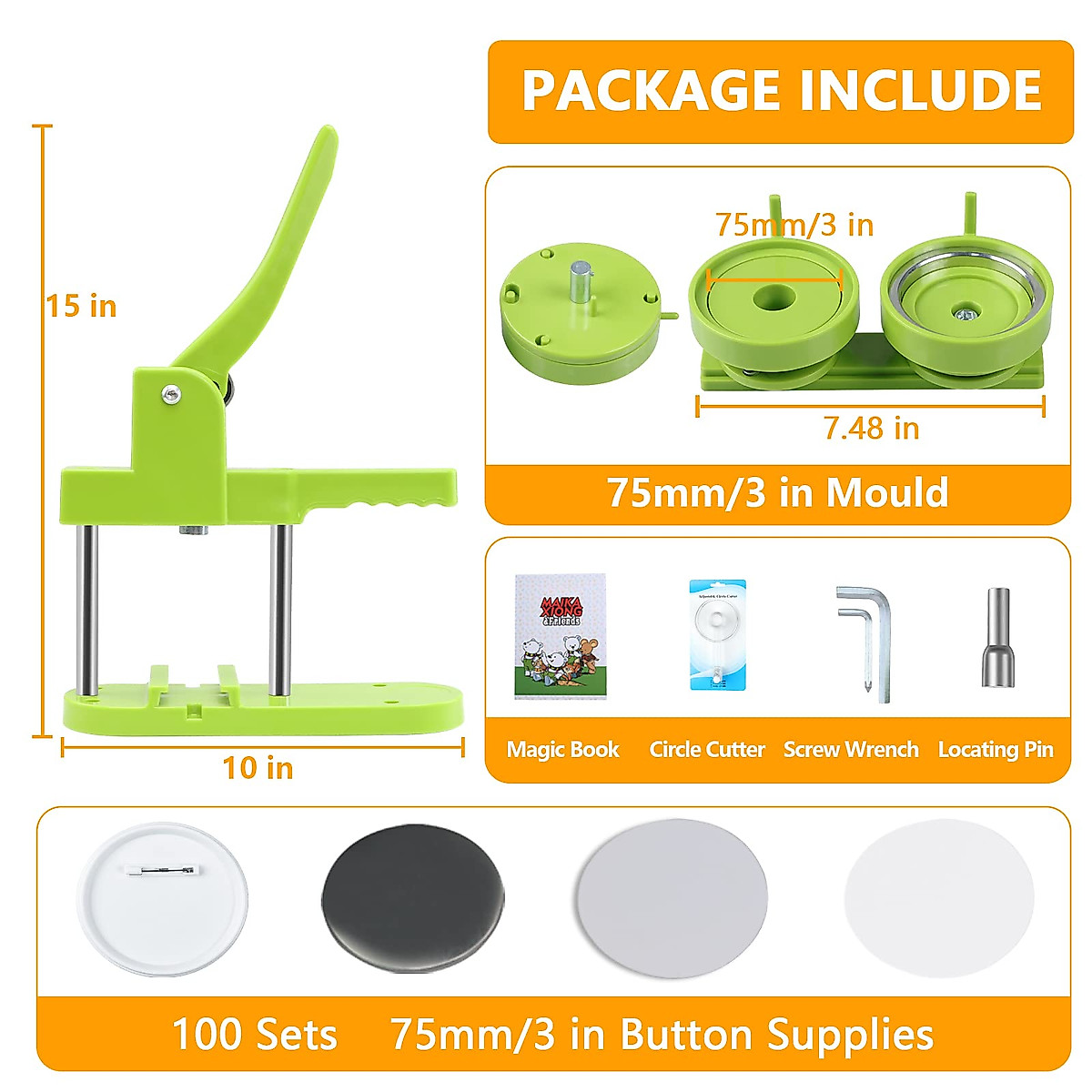 MK.Bear Button Maker Machine 75mm (3 in), DIY Button Pin Maker Machine Kit, Button Press Machine with 100 Sets Button Making Supplies & Circle Cutter & Magic Book