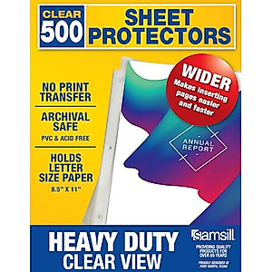 Samsill 500 Clear Heavyweight Sheet Protectors, 3.3 Mil Thickness, Top Loading / 3 Hole Design Page Protectors, Archival Safe for Photos or Printed Copy, Holds Multiple 8.5 x 11 Sheets, Bulk 500 Pack