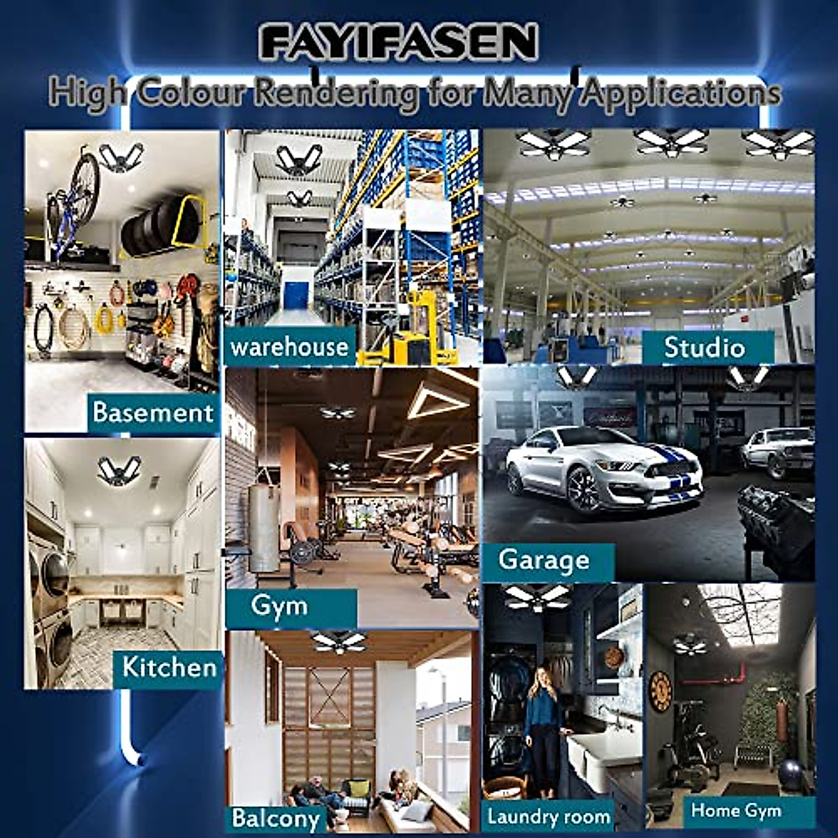 FAYIFASEN LED Garage Lights 2pack, Deformable Garage Lights Ceiling Light,150W Shop Adjustable LED with 5 Panels, 6500k Daylight for Basement Workshop Studio