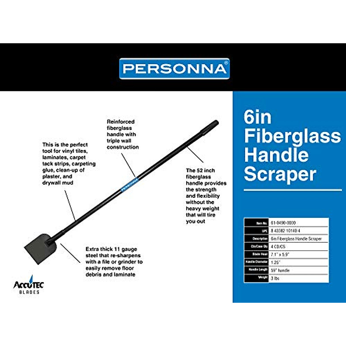 Personna 6" Steel Floor Scraper with 52" Fiberglass Handle - Ergonomic Grip Handle and Long-Lasting Blade - 61-0490