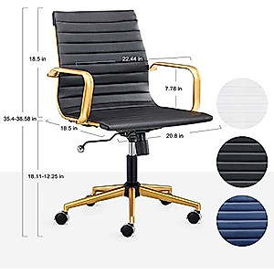 COROCC Office Desk Chair Modern Conference Room Task Chairs Leather Computer Swivel Excutive Ribbed Ergonomic Rolling Comfortable Chair for Home Office Black and Gold Chair